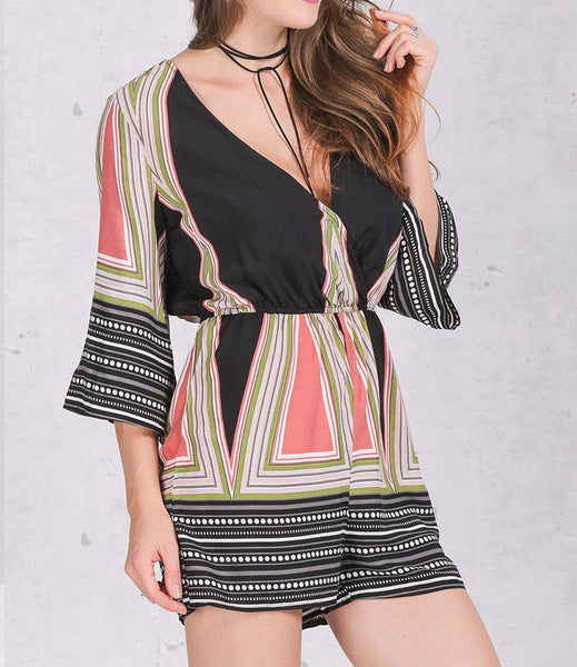 Deep V-Neck Casual Romper With Geometric Pattern | ZORKET