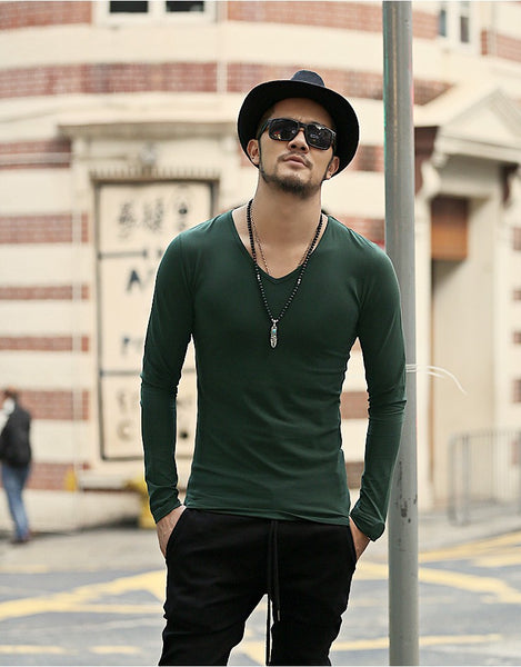 Men's Long Sleeved Deep V-Neck T-Shirt | ZORKET
