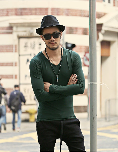 Men's Long Sleeved Deep V-Neck T-Shirt | ZORKET