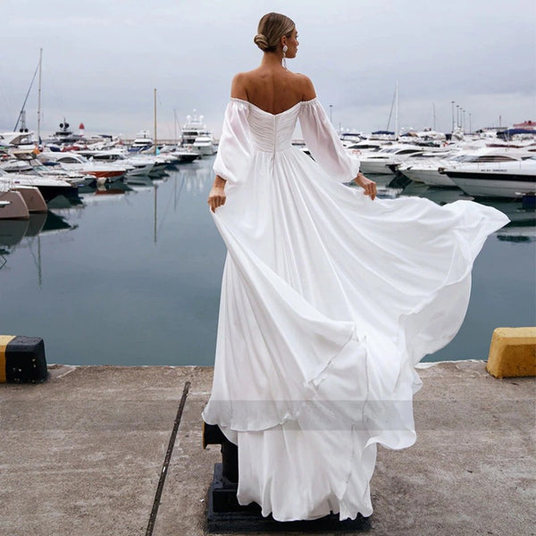Women's Off Shoulder Beach Wedding Dresses With Long Sleeves | ZORKET